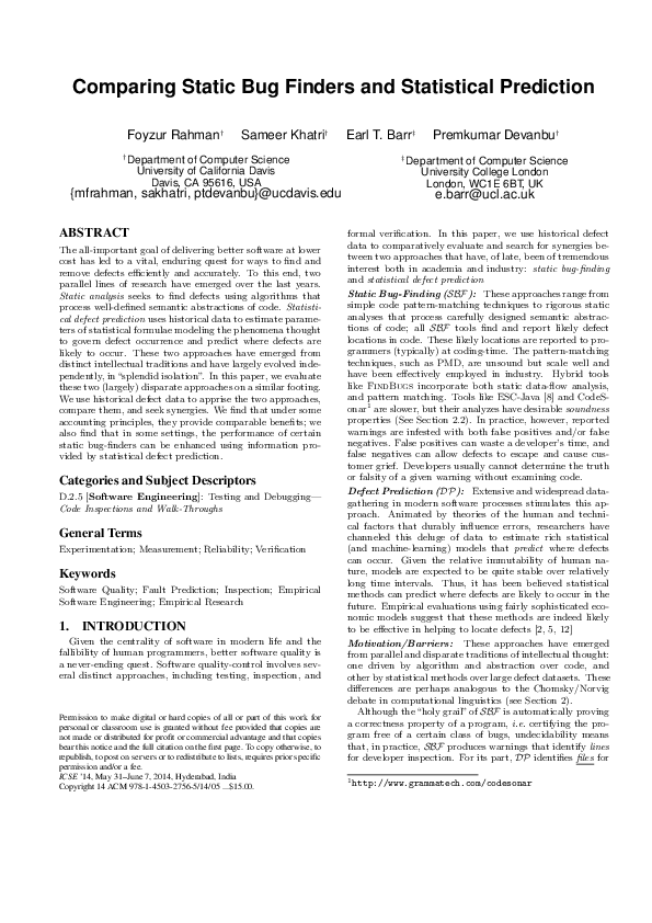 (PDF) Comparing static bug finders and statistical prediction