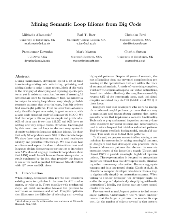 (PDF) Mining Semantic Loop Idioms from Big Code