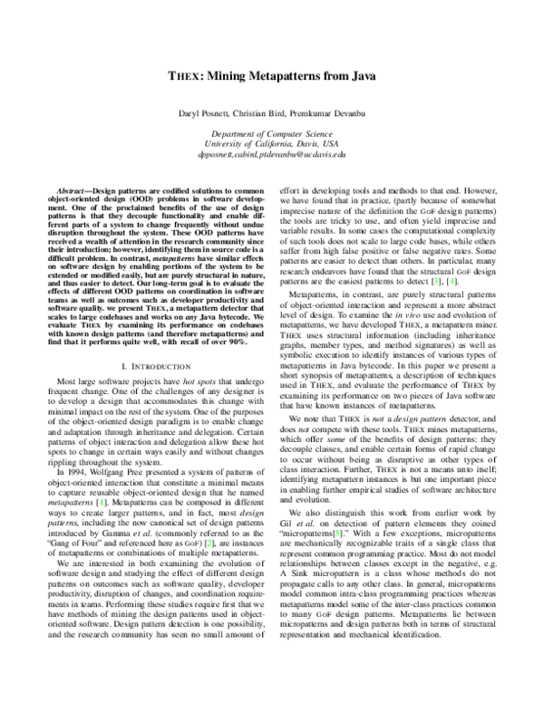 (PDF) Thex: Mining Metapatterns in Java | Premkumar Devanbu - Academia.edu