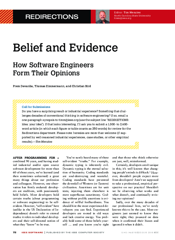 (PDF) Belief and Evidence: How Software Engineers Form Their Opinions | Premkumar Devanbu ...