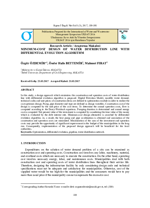 Pdf Minimum Cost Design Of Water Distribution Line With Differential Evolution Algorithm