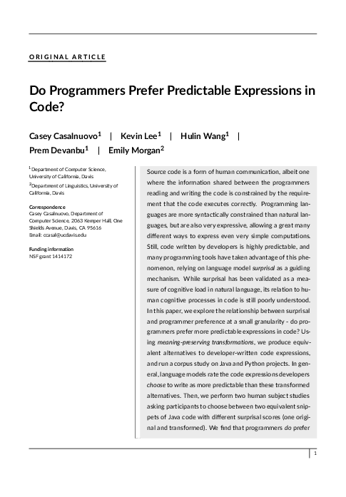(PDF) Do Programmers Prefer Predictable Expressions in Code?