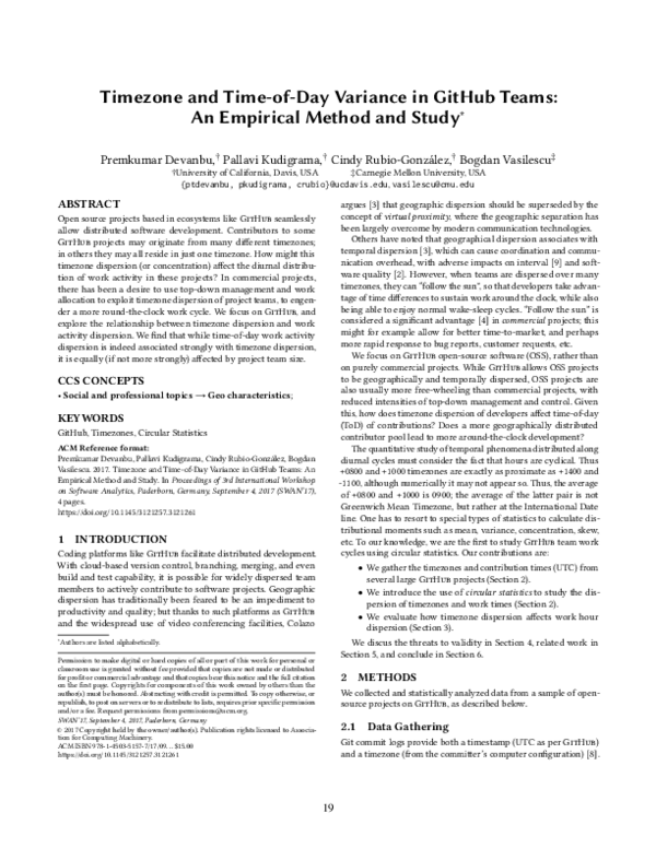 (PDF) Timezone and time-of-day variance in GitHub teams: an empirical method and study