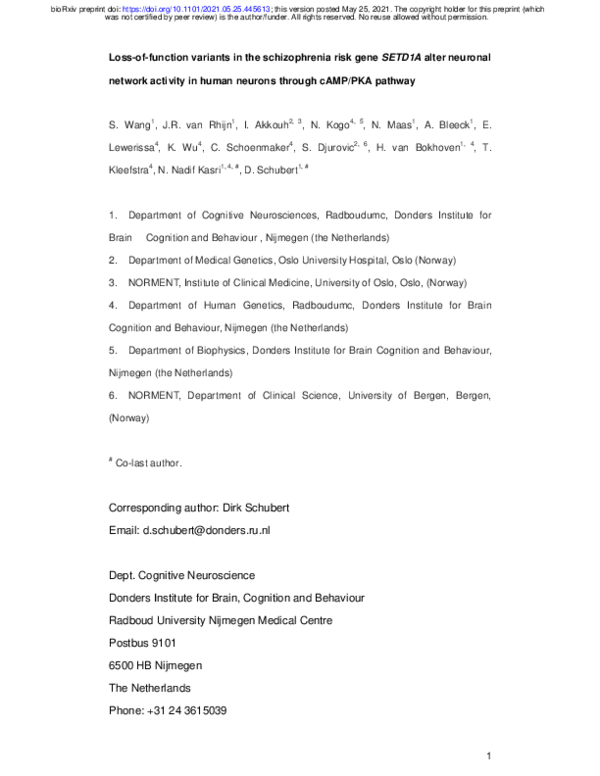 Pdf Loss Of Function Variants In The Schizophrenia Risk Gene Setd1a Alter Neuronal Network