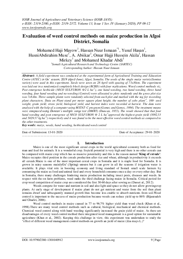 (PDF) Evaluation of weed control methods on maize production in Afgoi ...