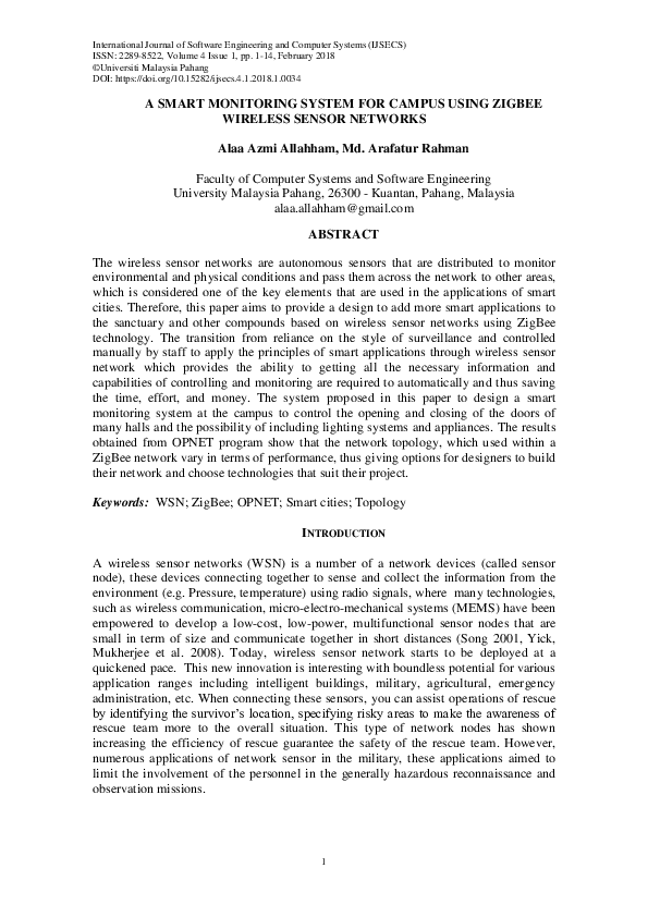 (PDF) A Smart Monitoring System for Campus Using Zigbee Wireless Sensor Networks