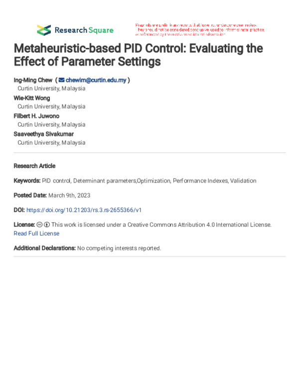 (PDF) Metaheuristic-based PID Control: Evaluating the Effect of Parameter Settings