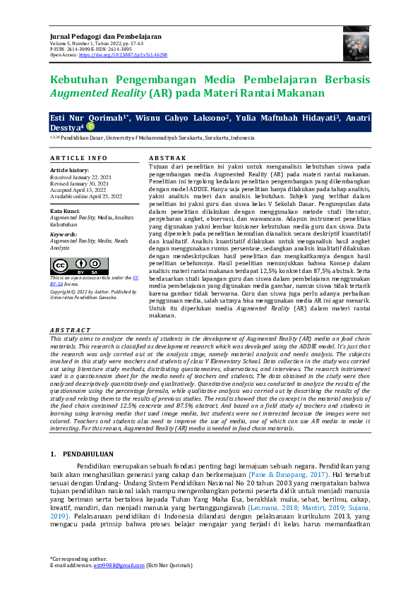 (PDF) Kebutuhan Pengembangan Media Pembelajaran Berbasis Augmented Reality (AR) pada Materi ...