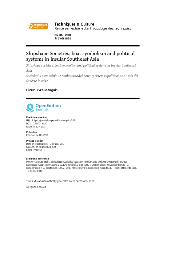 (PDF) Shipshape societies: boat symbolism and political systems in Insular and Southeast Asia