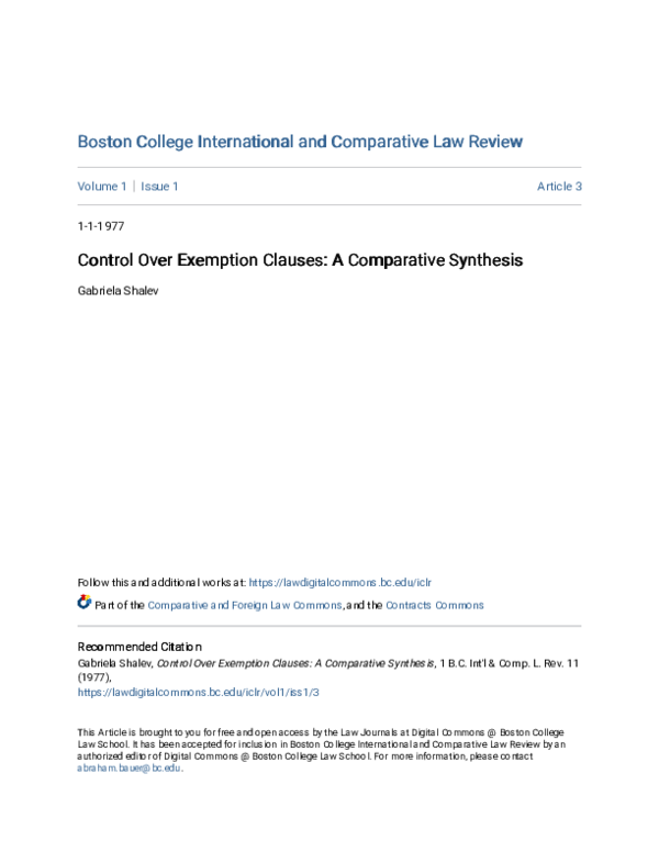 (PDF) Control Over Exemption Clauses: A Comparative Synthesis
