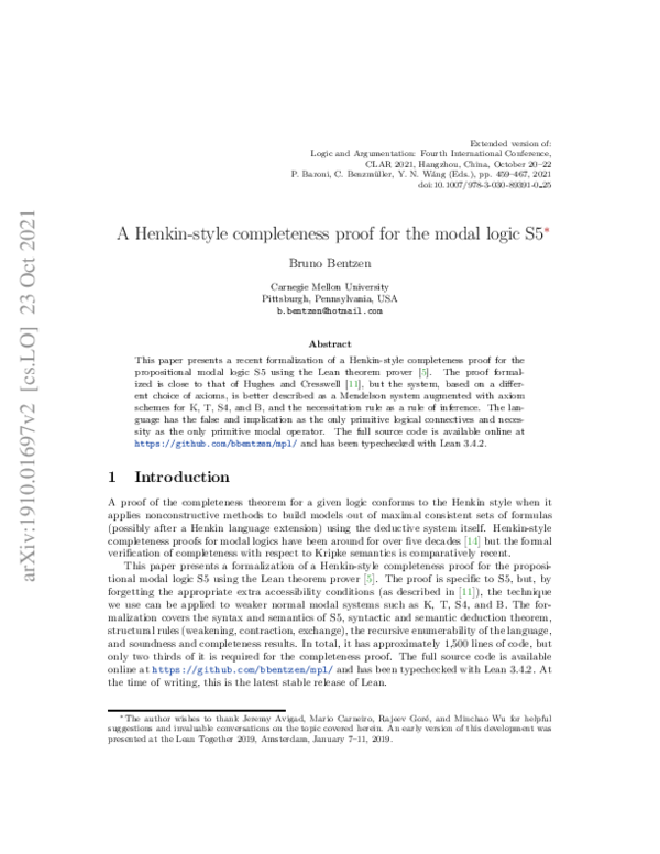 (PDF) A Henkin-Style Completeness Proof for the Modal Logic S5