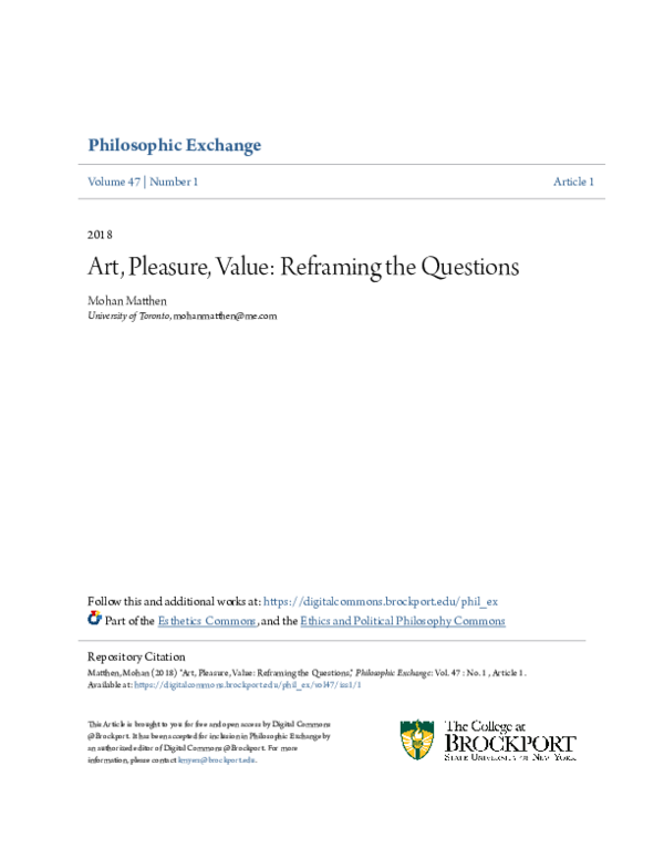 (PDF) Art, Pleasure, Value: Reframing the Questions