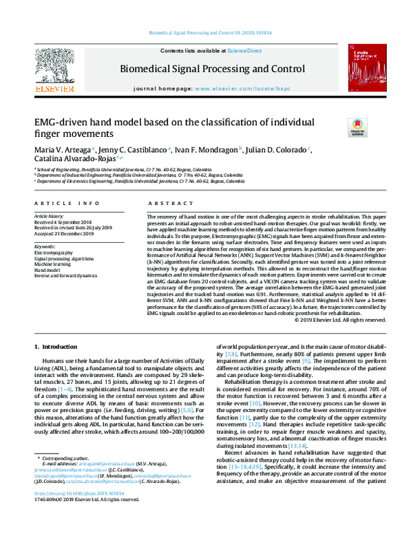(PDF) EMG-driven hand model based on the classification of individual finger movements