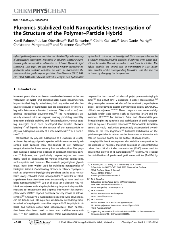 (PDF) Pluronics-Stabilized Gold Nanoparticles: Investigation of the ...