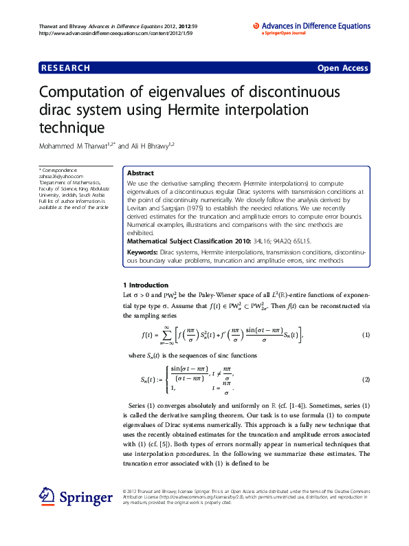 (PDF) Computation of eigenvalues of discontinuous dirac system using ...