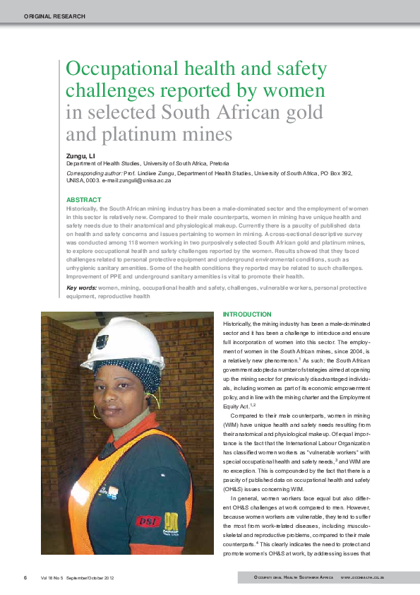 (PDF) Occupational health and safety challenges reported by women in ...
