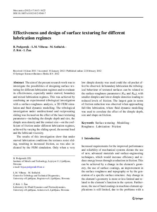 Pdf Effectiveness And Design Of Surface Texturing For Different Lubrication Regimes