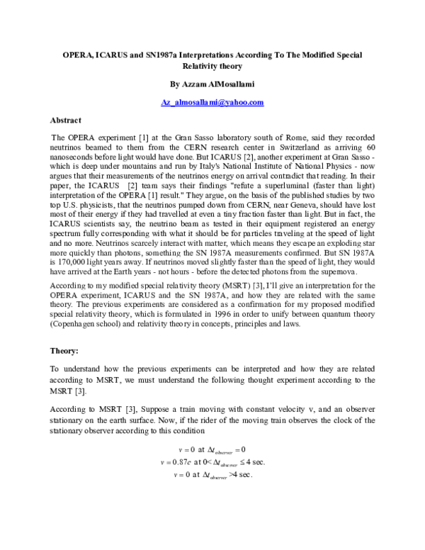 (PDF) Opera, Icarus and Sn1987a Interpretations According to the ...