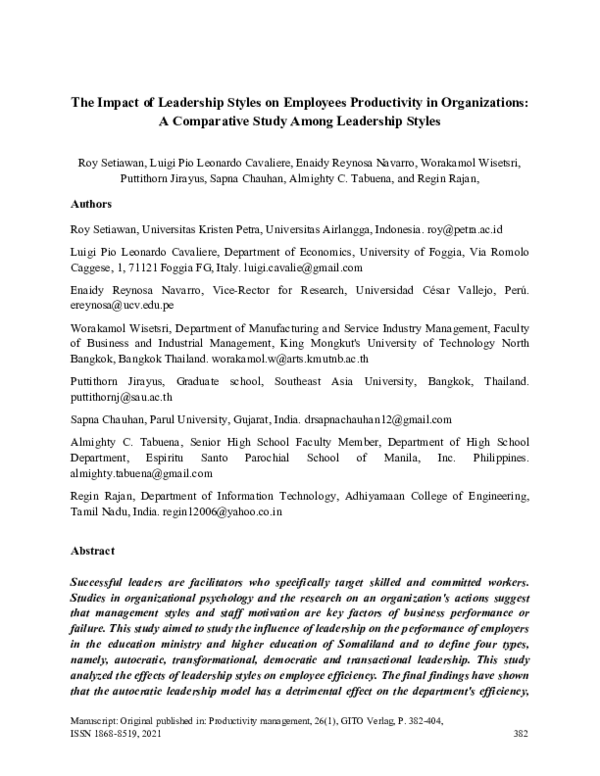 (PDF) The Impact of Leadership Styles on Employees Productivity in Organizations: A Comparative ...