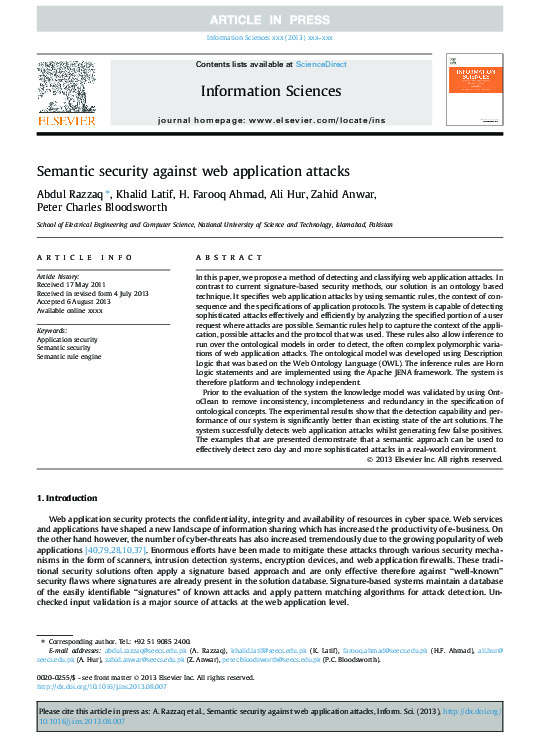 (PDF) Semantic security against web application attacks