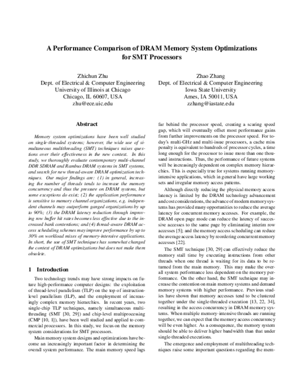 Pdf A Performance Comparison Of Dram Memory System Optimizations For Smt Processors