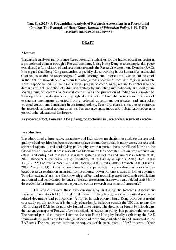 (PDF) A Foucauldian Analysis of Research Assessment in a Postcolonial ...