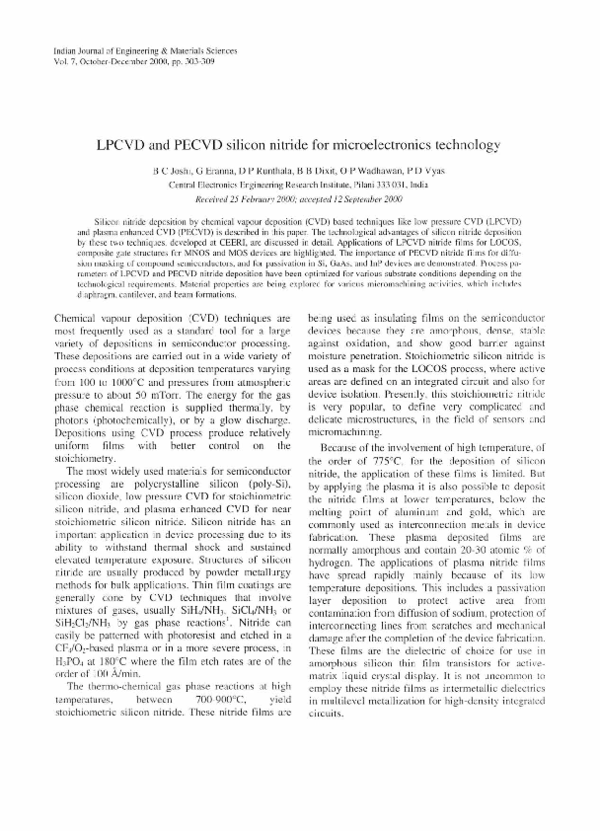 (PDF) LPCVD and PECVD silicon nitride for microelectronics technology