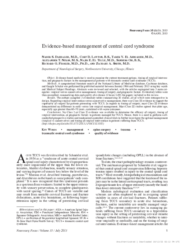 (PDF) Evidence-based management of central cord syndrome