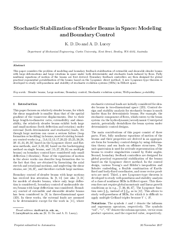 (PDF) Stochastic stabilization of slender beams in space: Modeling and boundary control