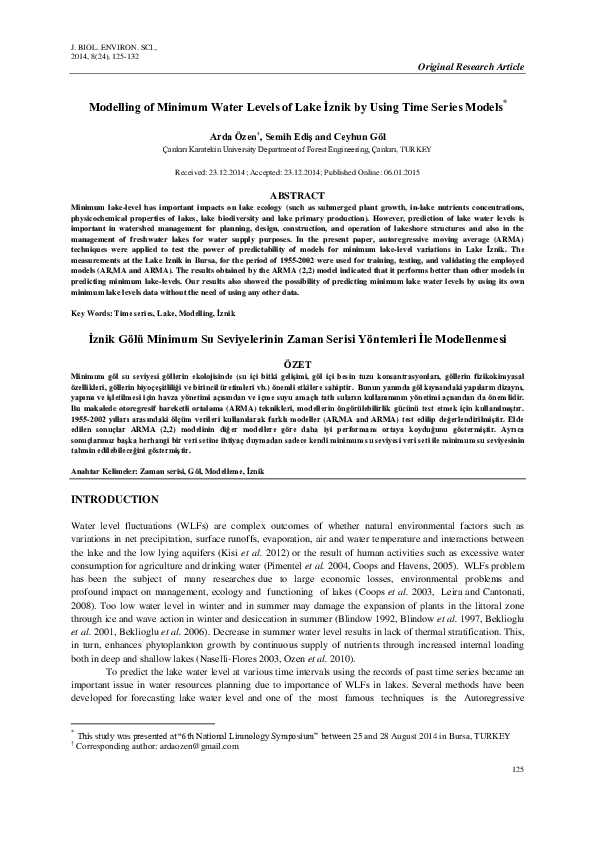 (PDF) Modelling of Minimum Water Levels of Lake İznik by Using Time ...