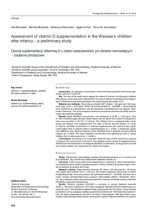 (PDF) Assessment of vitamin D supplementation in the Warsaw’s children ...