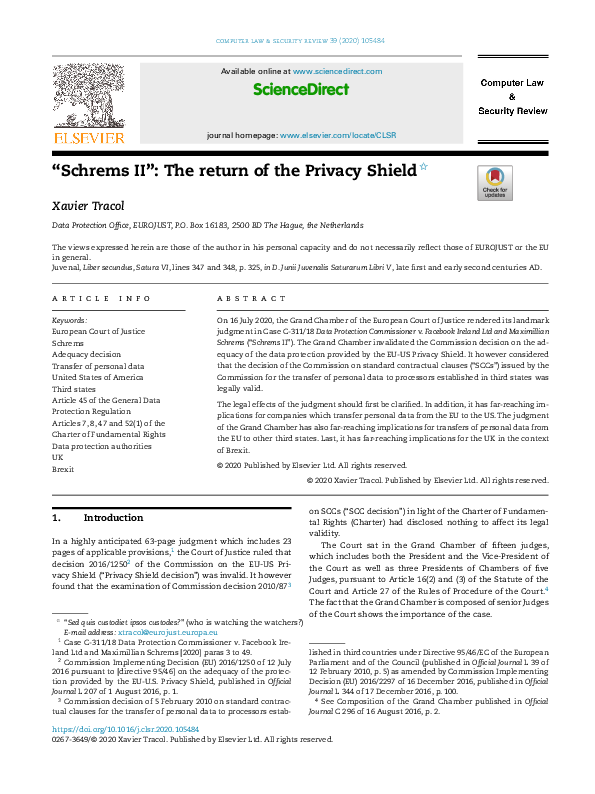 (PDF) “Schrems II”: The return of the Privacy Shield | Xavier Tracol - Academia.edu