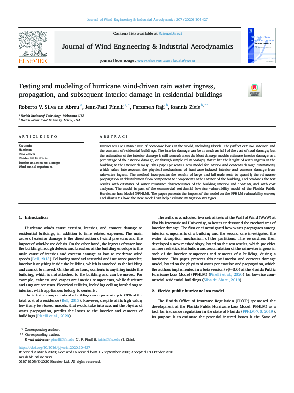 (PDF) Testing and modeling of hurricane wind-driven rain water ingress ...
