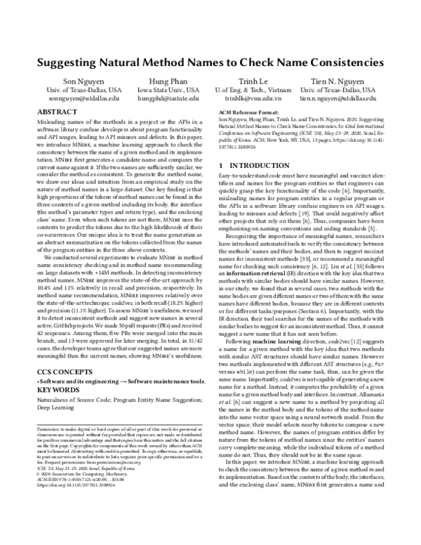 (PDF) Suggesting natural method names to check name consistencies