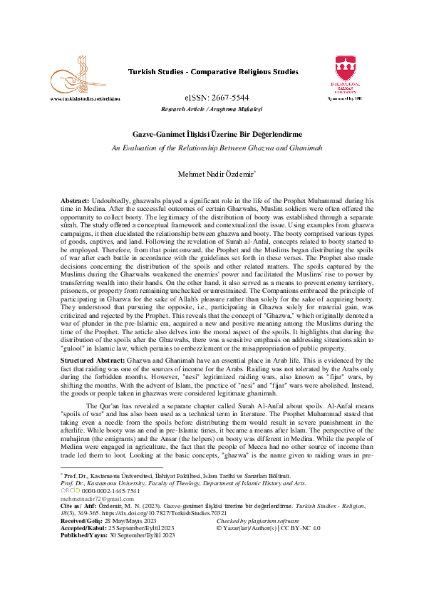 (PDF) An Evaluation of the Relationship Between Ghazwa and Ghanimah