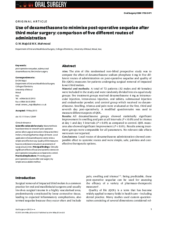 (PDF) Use of dexamethasone to minimise post-operative sequelae after ...