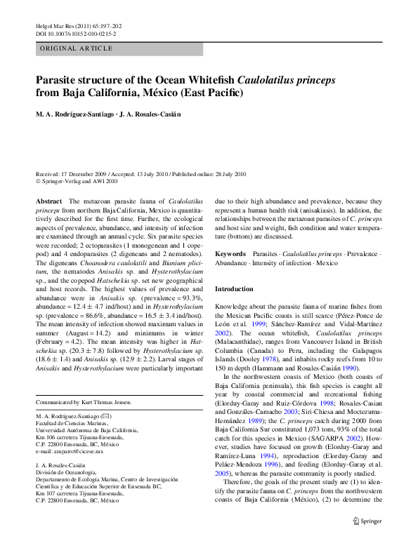 (PDF) Parasite structure of the Ocean Whitefish Caulolatilus princeps ...