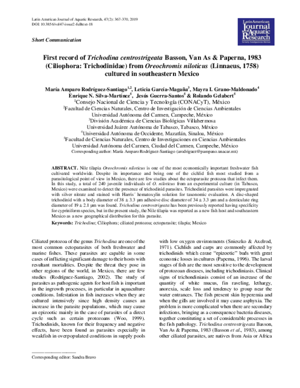 (PDF) First record of Trichodina centrostrigeata Basson, Van As ...
