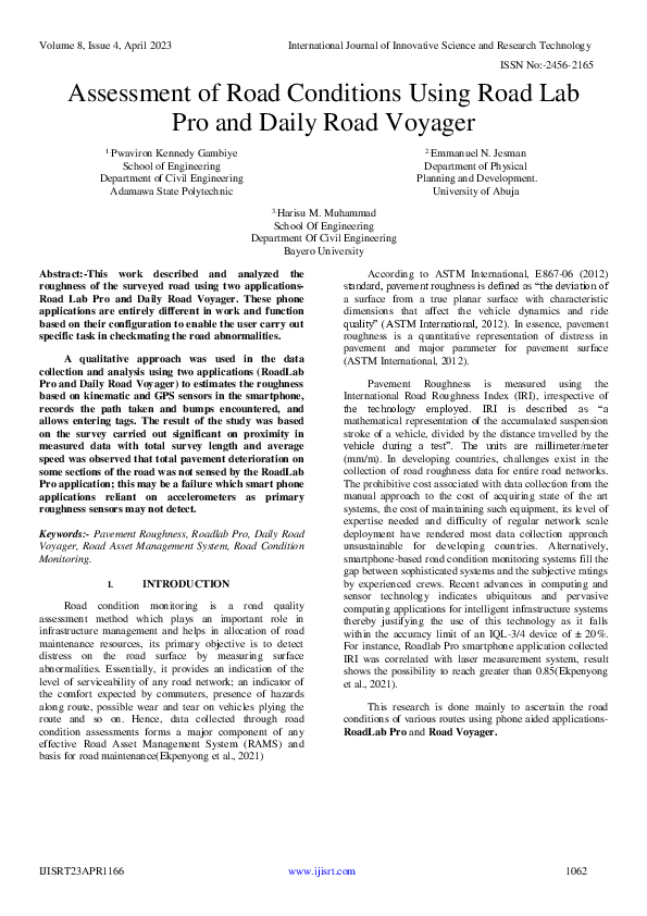 (PDF) Assessment of Road Conditions Using Road Lab Pro and Daily Road ...