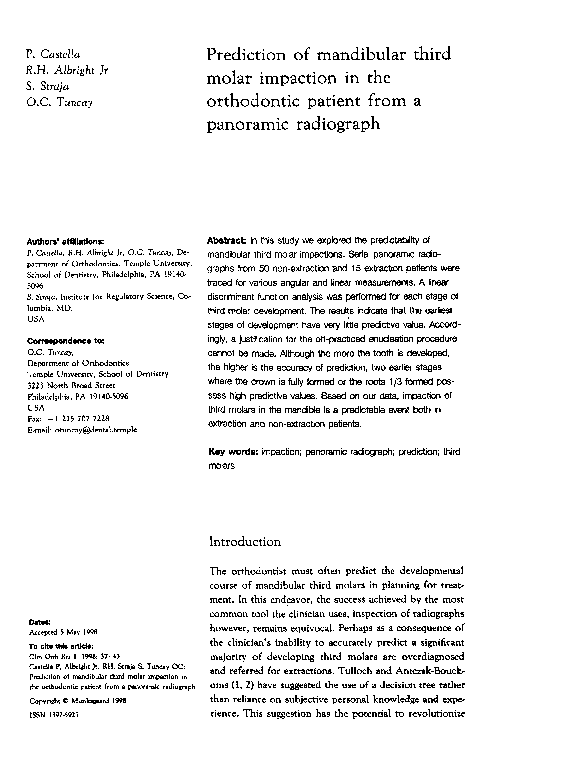 Pdf Prediction Of Mandibular Third Molar Impaction In The Orthodontic Patient From A Panoramic