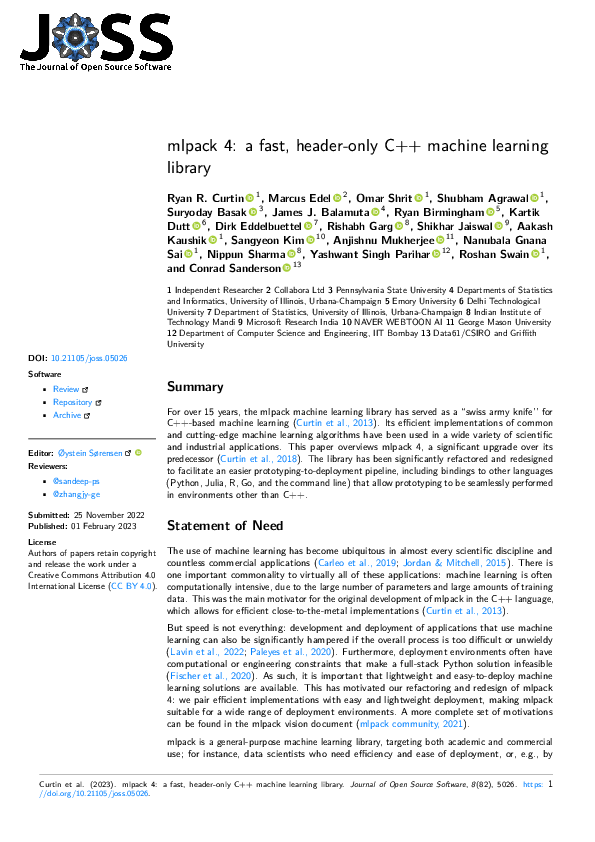 (PDF) mlpack 4: a fast, header-only C++ machine learning library | Nanubala Gnana Sai - Academia.edu