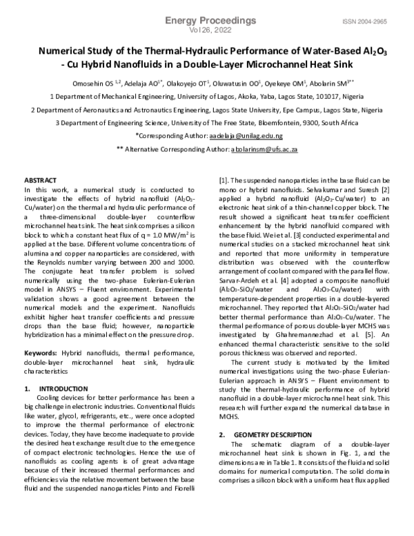 (PDF) Numerical Study of the Thermal-Hydraulic Performance of Water-Based Al2O3 - Cu Hybrid ...