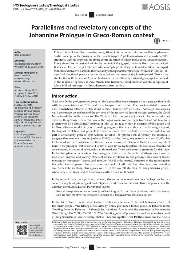(PDF) Parallelisms and revelatory concepts of the Johannine Prologue in Greco-Roman context ...
