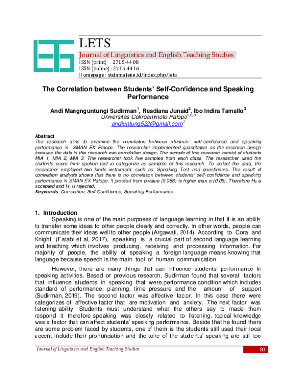 (PDF) The Correlation between Students’ Self-Confidence and Speaking ...