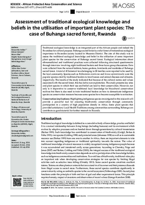 (PDF) Assessment of traditional ecological knowledge and beliefs in the ...