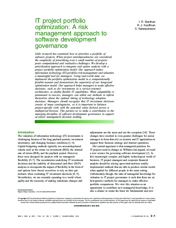 (PDF) IT project portfolio optimization: A risk management approach to ...