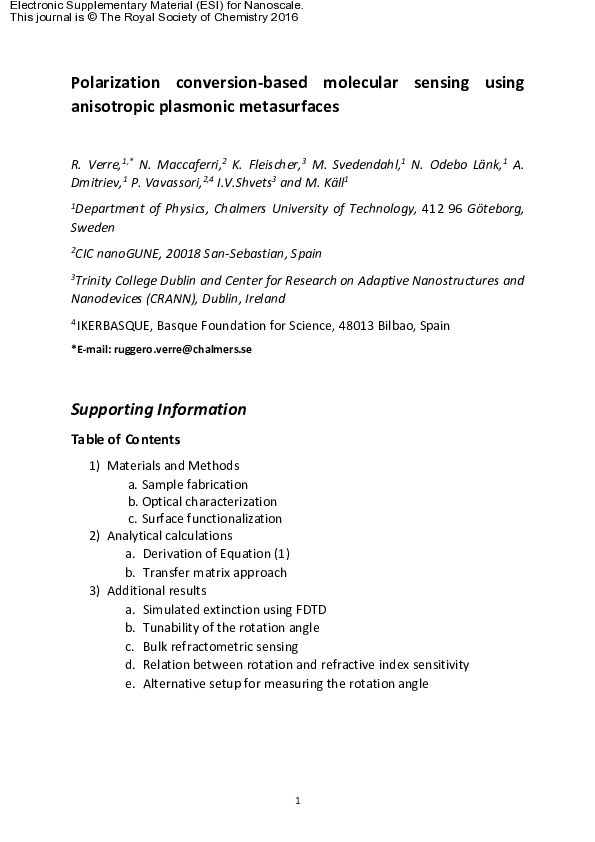 (PDF) Polarization conversion-based molecular sensing using anisotropic plasmonic metasurfaces