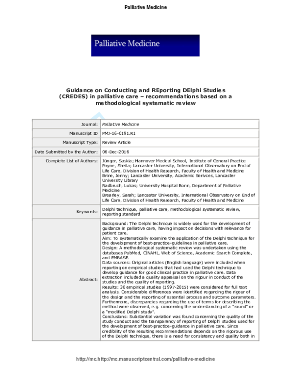 (PDF) Guidance on Conducting and REporting DElphi Studies (CREDES) in palliative care ...