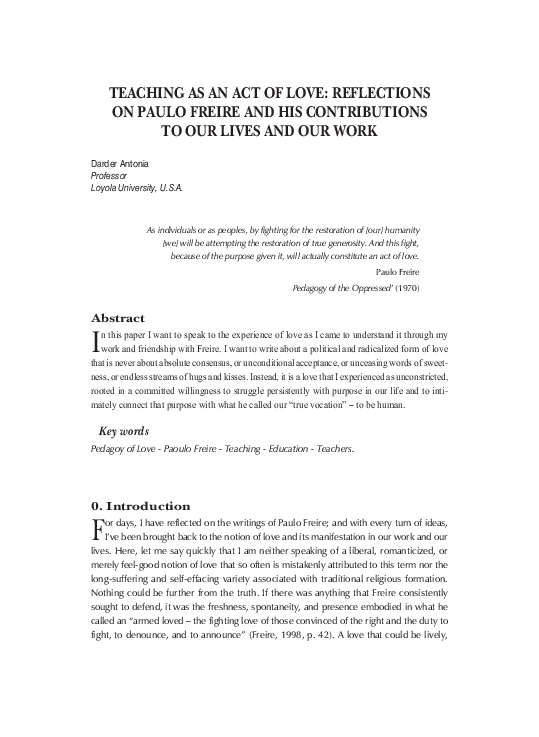 (PDF) Teaching as an Act of Love: Reflections on Paulo Freire and His ...