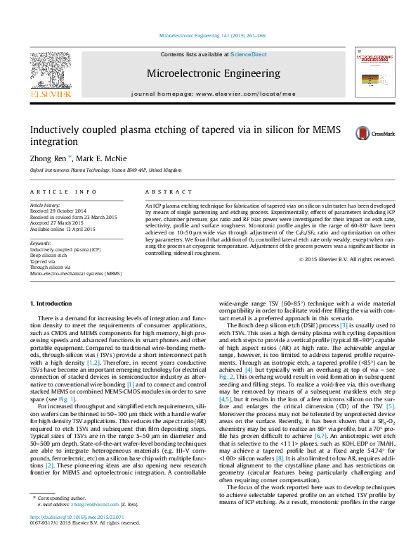 (PDF) Inductively coupled plasma etching of tapered via in silicon for ...
